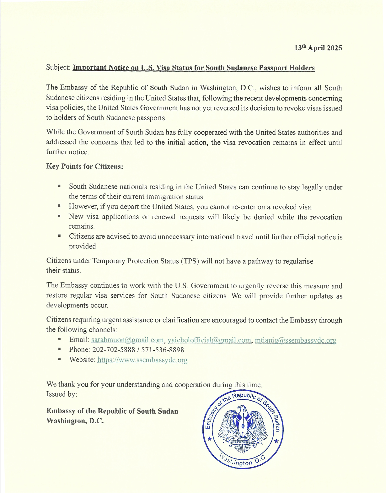 Embassy of South Sudan – Official Diplomatic Mission of South Sudan to ...